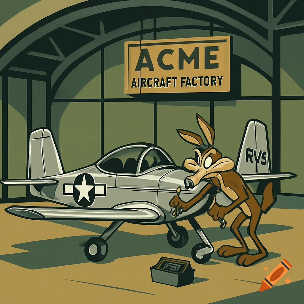 Wile E. Coyote working on a silver airplane inside the ACME Aircraft ...