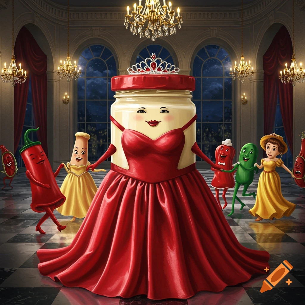 Dilbert's pointy-haired boss in a sparkly purple ball gown stands in a ...