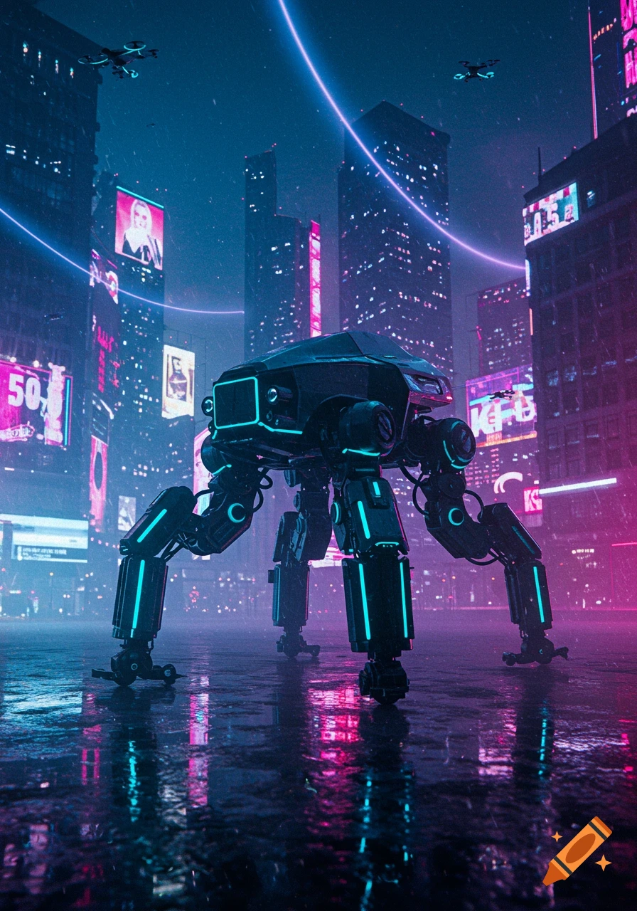 A Protogen with glowing blue lines stands on a rainy street in a neon ...