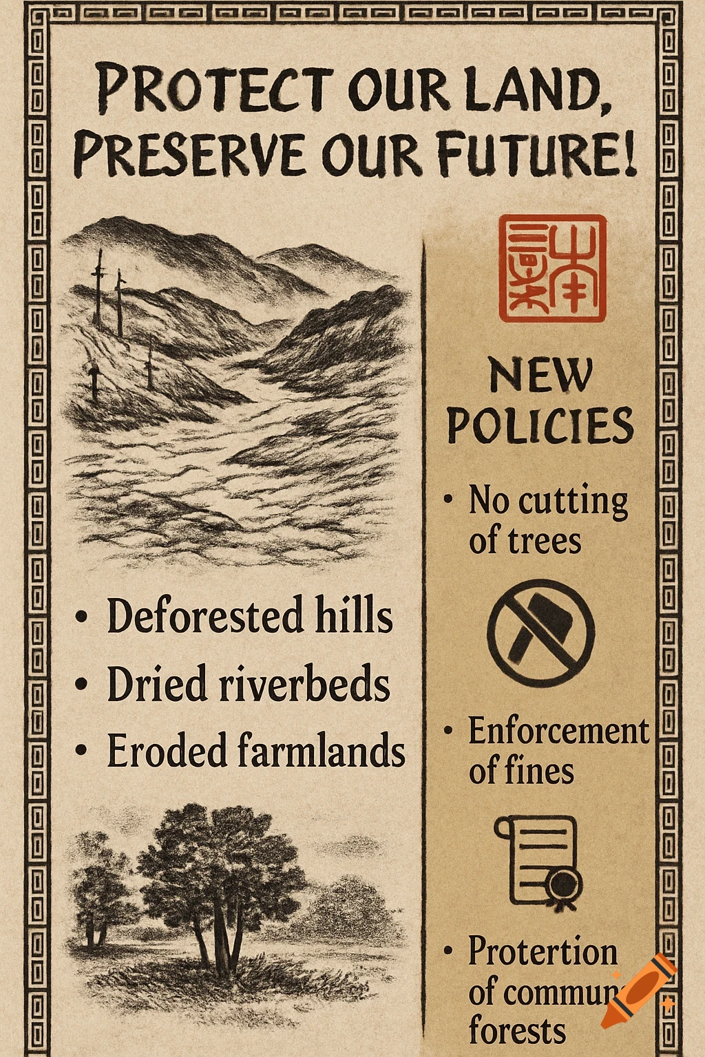 Vintage-style environmental poster titled 'Protect Our Land, Preserve ...
