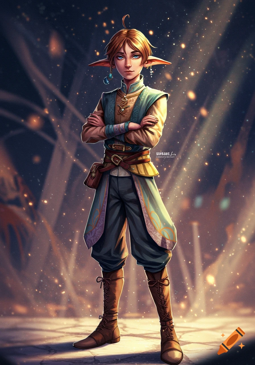 A young, male elf-like character with orange hair and pointed ears ...