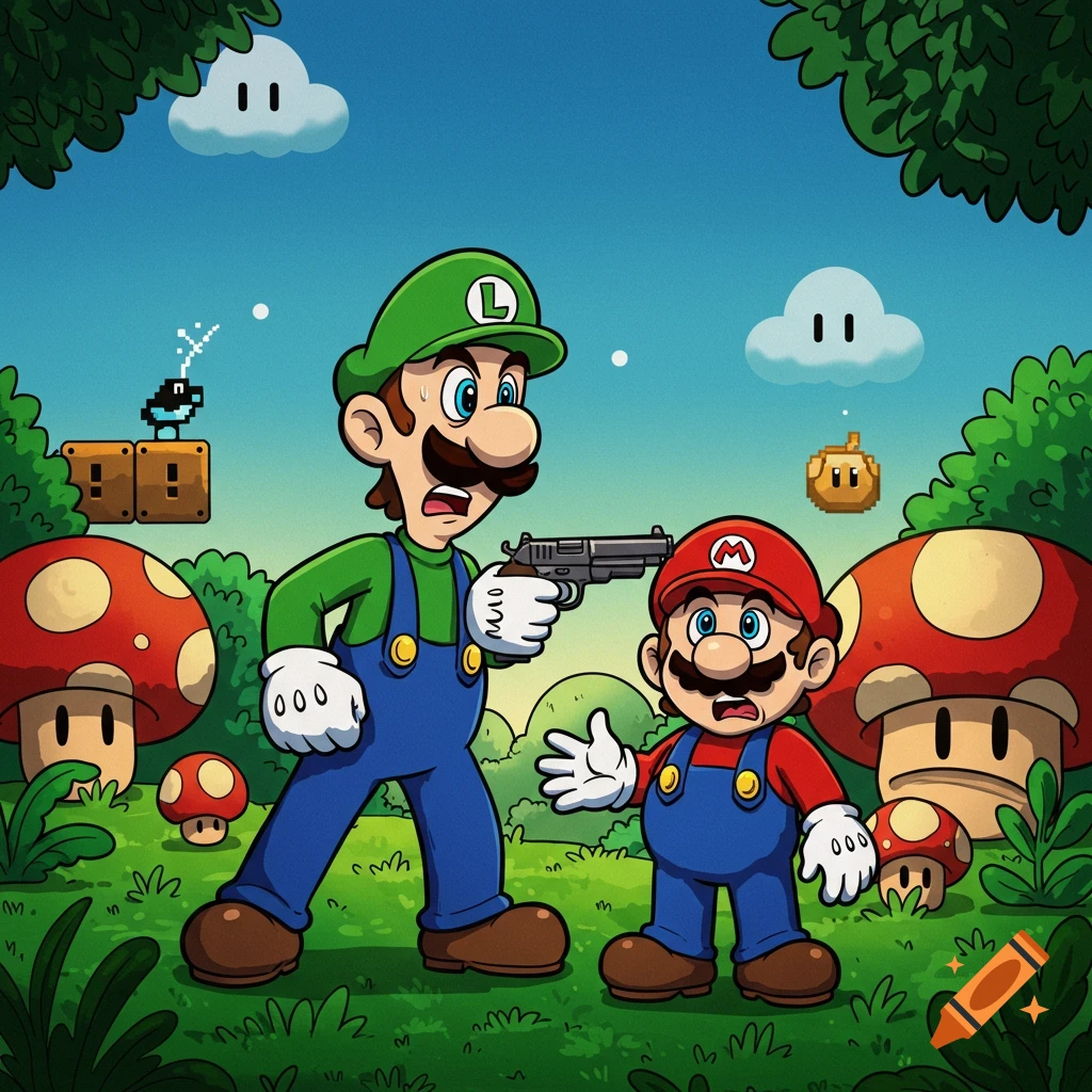 Conjoined Mario and Luigi in a bright Super Mario Bros. video game ...
