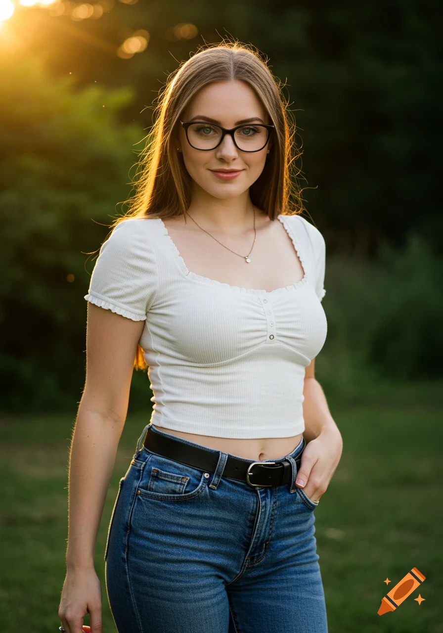 A photorealistic outdoor portrait of a young woman with glasses ...
