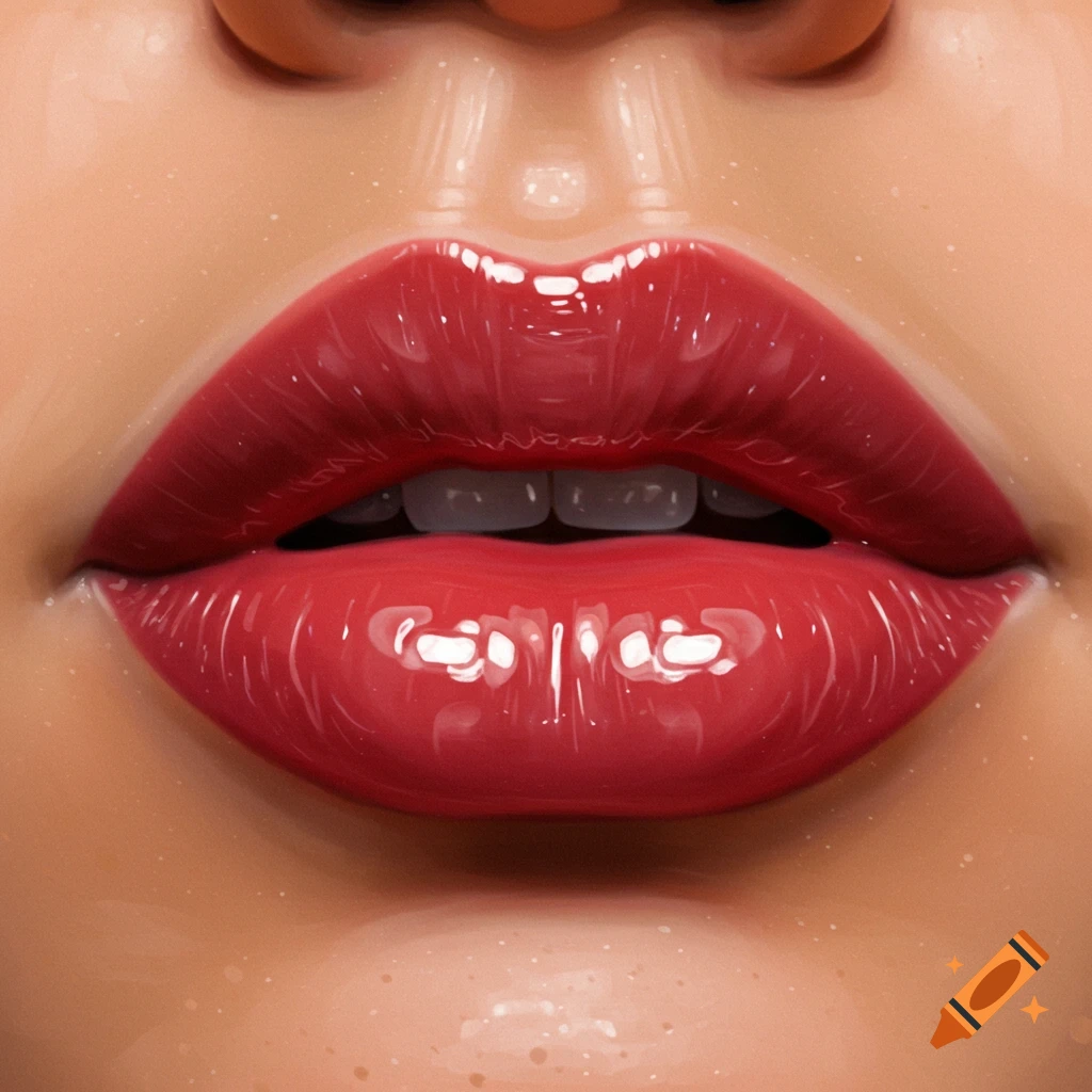 Close-up of bright red, glossy lips slightly open, revealing white teeth, with subtle skin ...