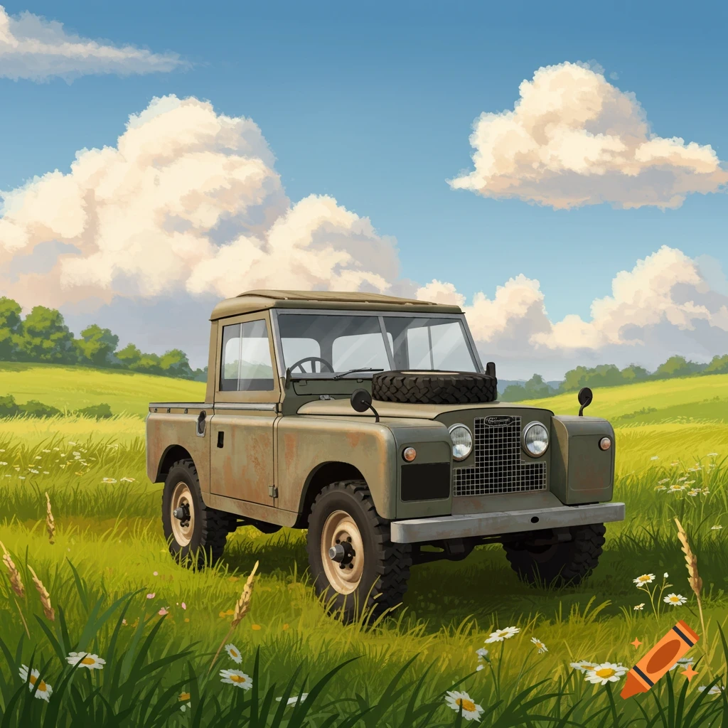 A vintage Land Rover pickup truck sits in a lush green field with ...