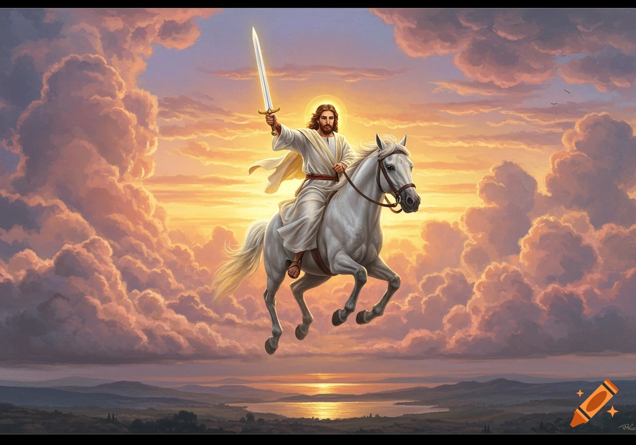 Jesus on a white horse, holding a glowing sword, with figures on the ...