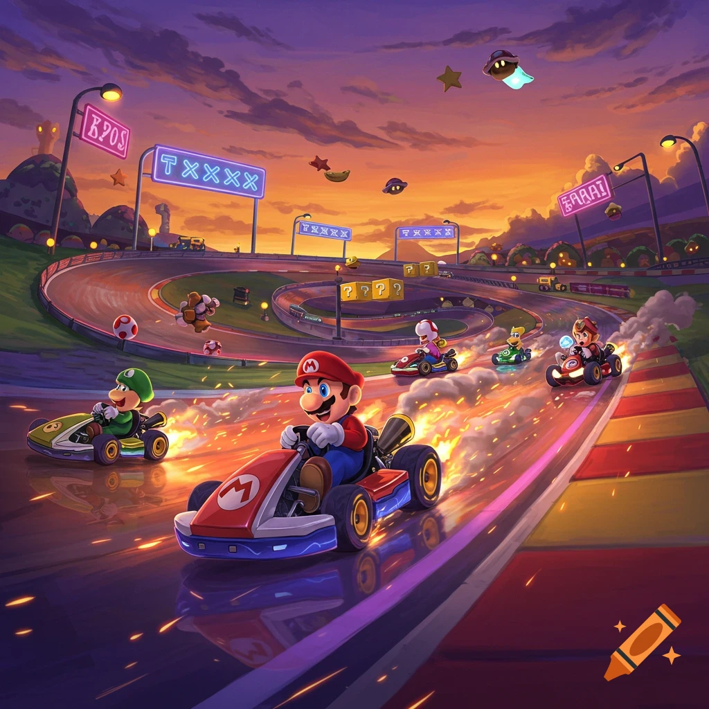 Cartoon characters race karts on a track with floating blocks and a ...