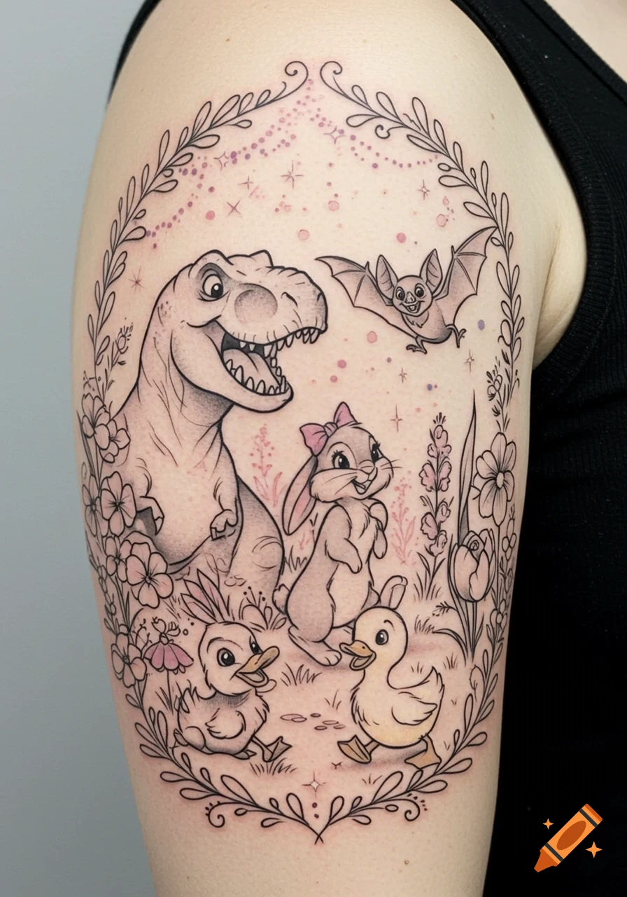 Black and grey cartoon tattoo on an arm showing a T-Rex, bunny, bat ...