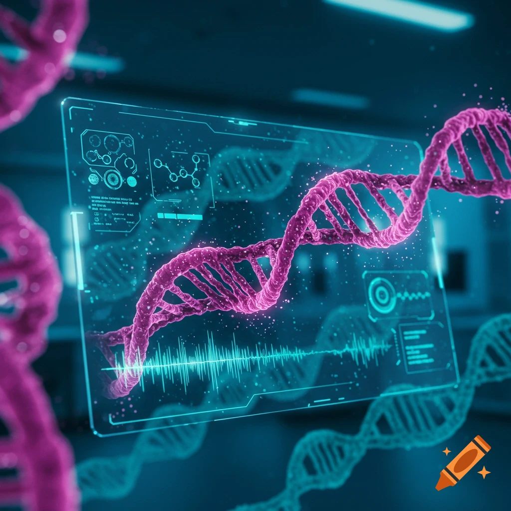 Stylized runner in a glowing digital environment with a DNA helix and ...