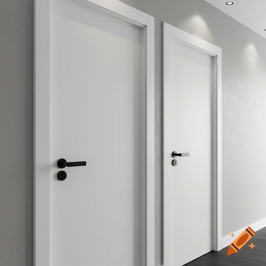 Two modern white doors with black levers and locks in a minimalist ...