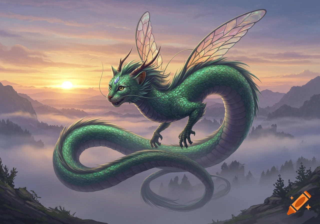 A vibrant green dragon forms a majestic chair in a sunlit room ...