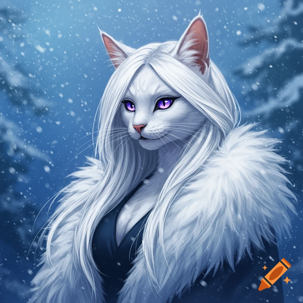 A white anthropomorphic cat woman with long white hair and purple eyes ...