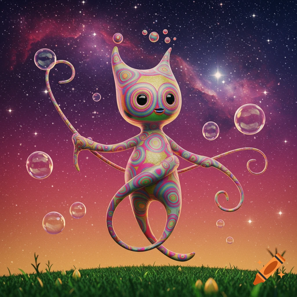 A whimsical, colorful alien creature with concentric patterns stands in grass against a cosmic ...