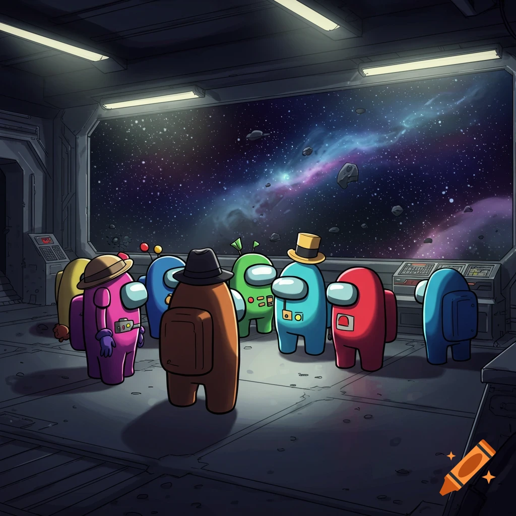 Colorful Among Us characters inside a spaceship looking out at a starry ...