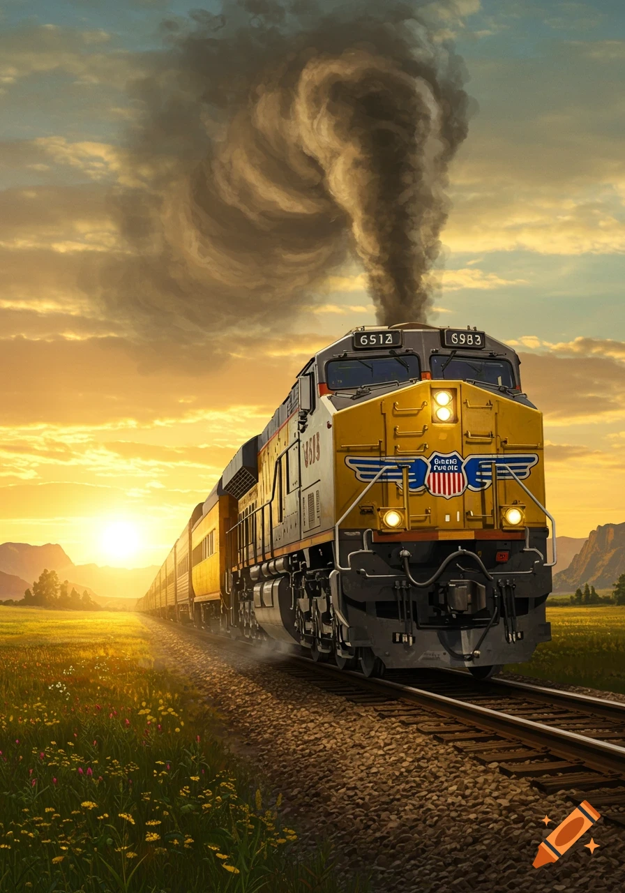 A yellow Union Pacific train with a long line of cars travels through a ...