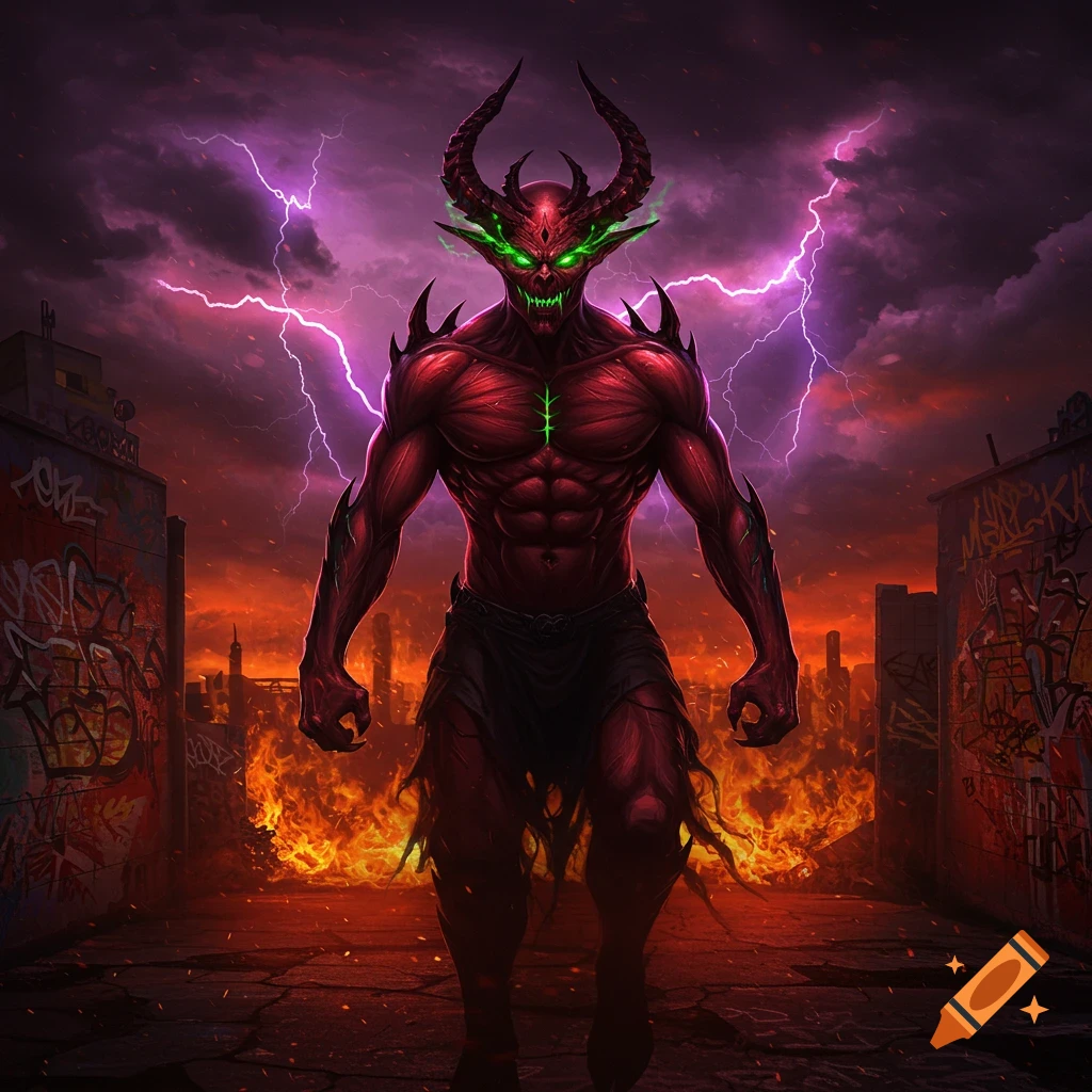 A red demonic creature with glowing green eyes and large horns stands ...
