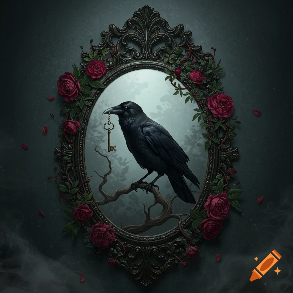 A dark crow holding a golden key in its beak, perched on a branch ...