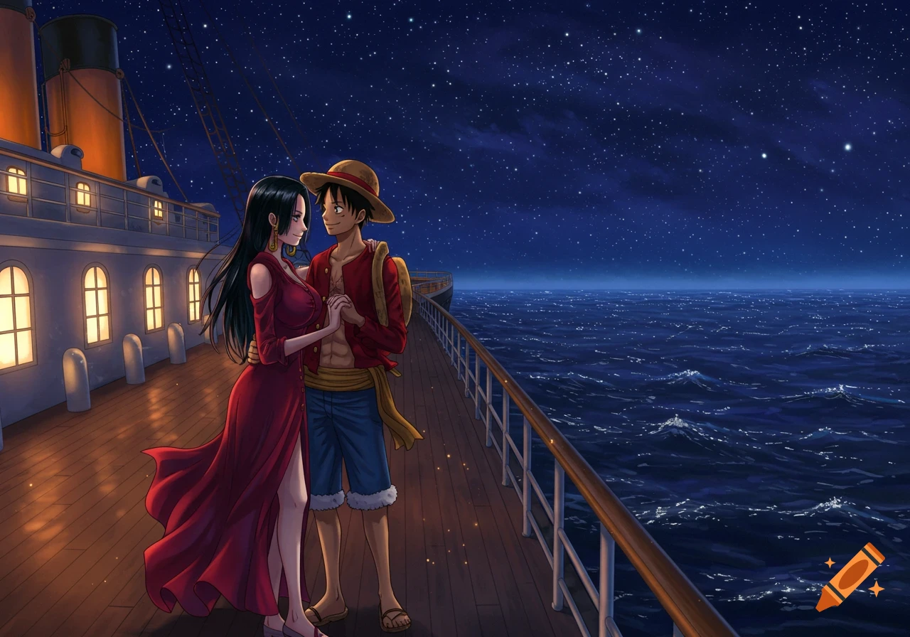 Luffy and Hancock share a kiss on a ship during a vibrant sunset over ...