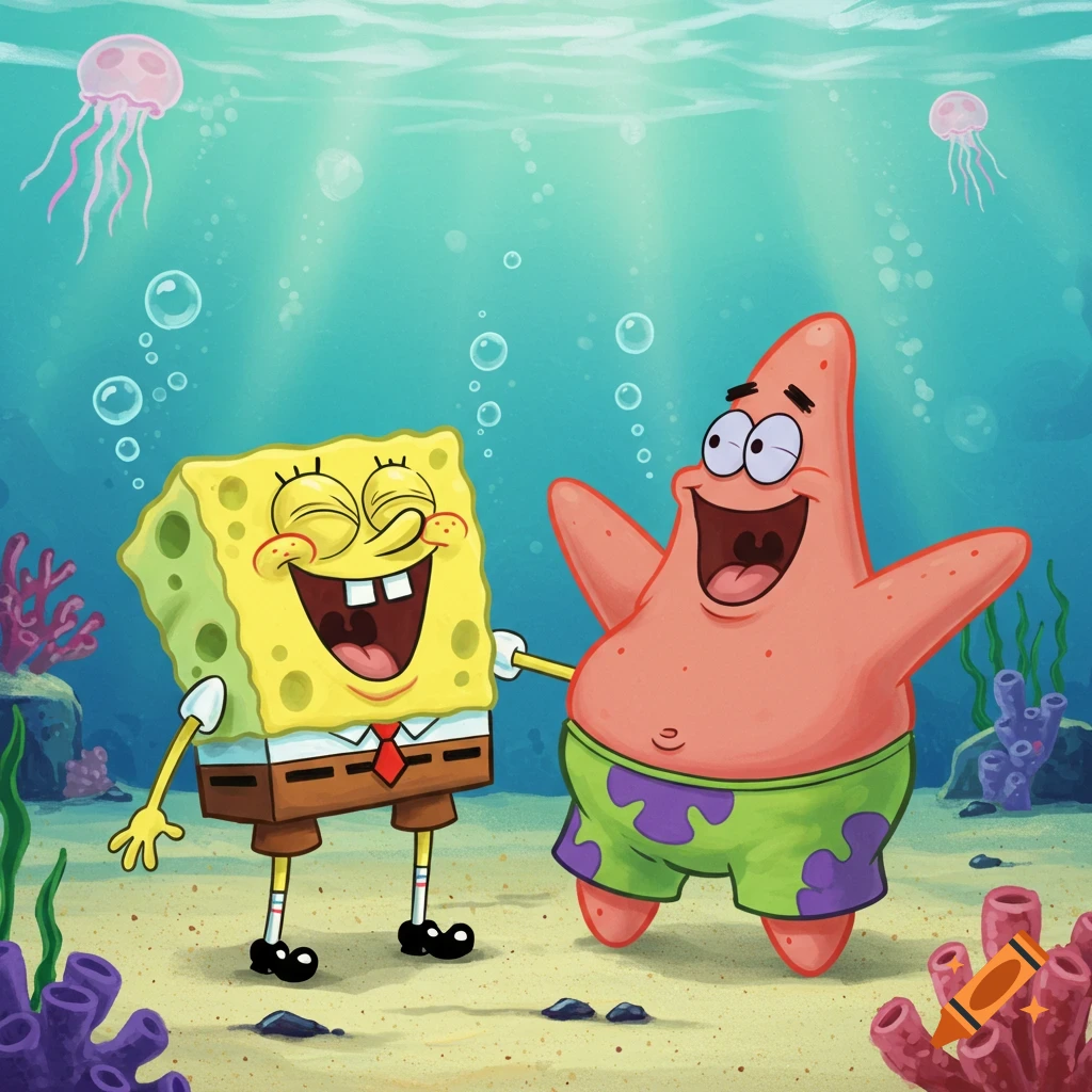 Spongebob and Patrick laughing together underwater, surrounded by ...