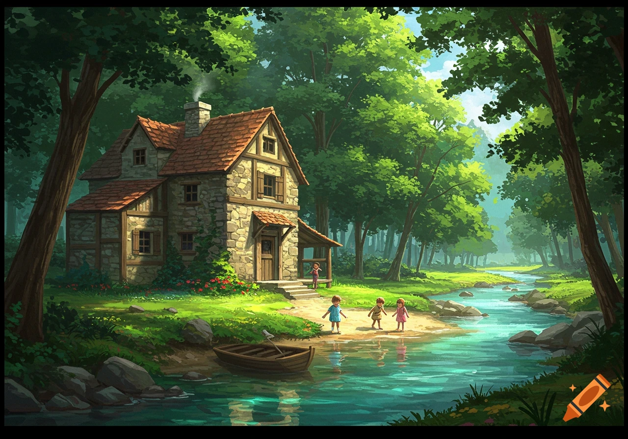 An idyllic cartoon illustration of a stone cottage by a river in a lush ...
