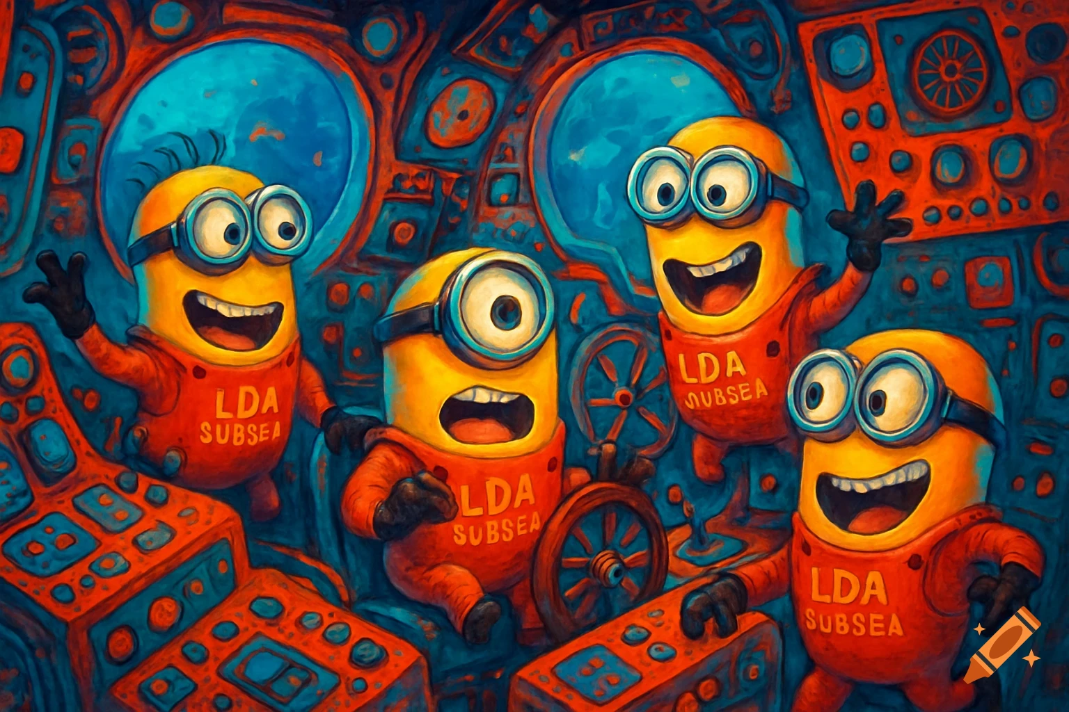 Four cheerful yellow Minions in red suits with 'LDA SUBSEA' written on ...