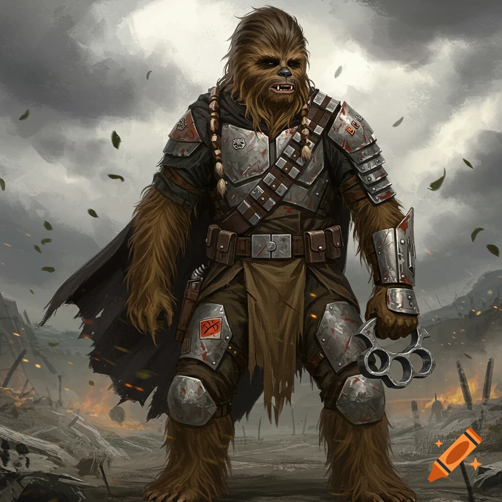 A heavily armored Wookiee with battle scars stands in a war-torn landscape, holding brass ...