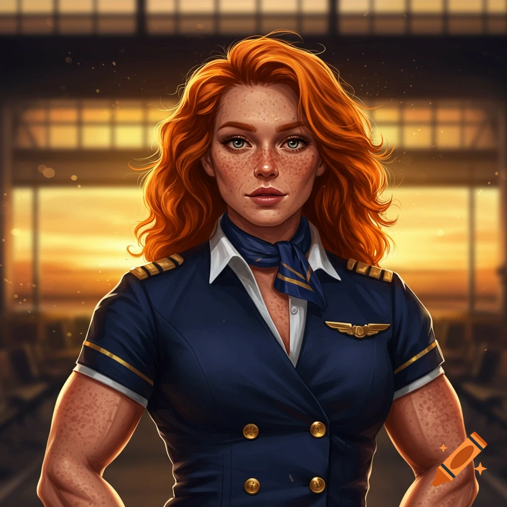 Portrait of a muscular ginger female pilot with freckles in blue ...