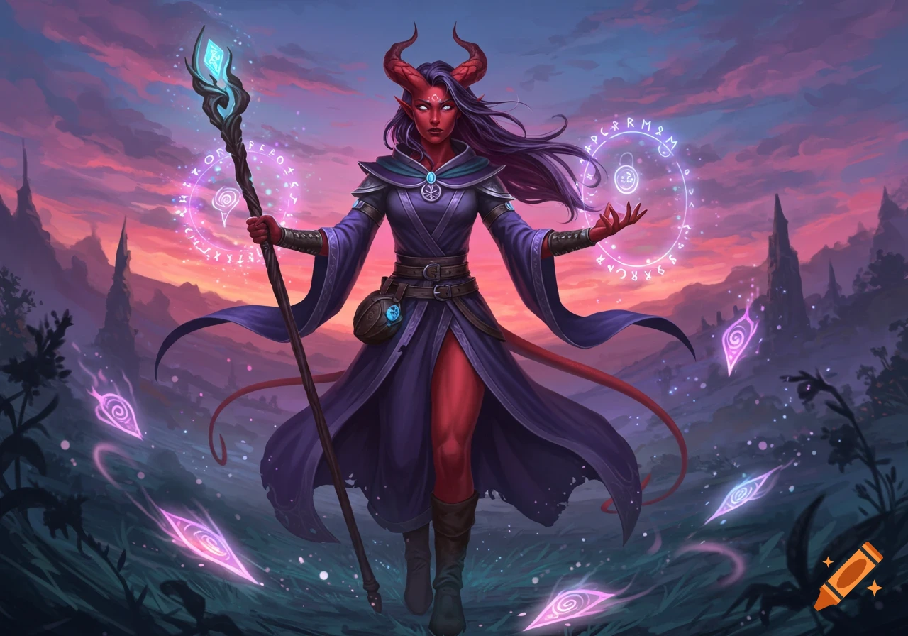 A red-skinned tiefling ranger with horns and a tail, holding a longbow ...