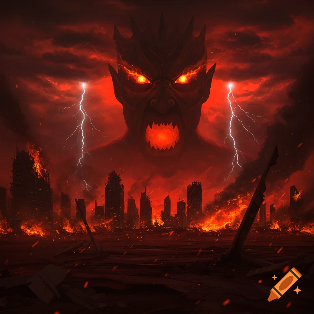 A giant, angry, red demon-like creature with glowing eyes and open ...