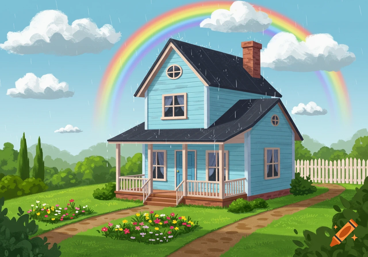 A cartoon family stands on a hill looking at a slightly dilapidated ...