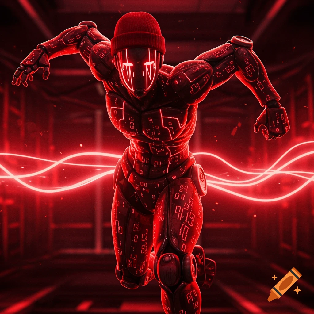A sleek, red humanoid robot with glowing digital patterns and a beanie ...
