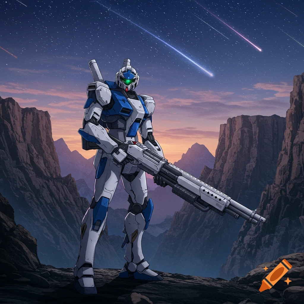 A blue and gray sci-fi robot with glowing eyes and armor stands in ...