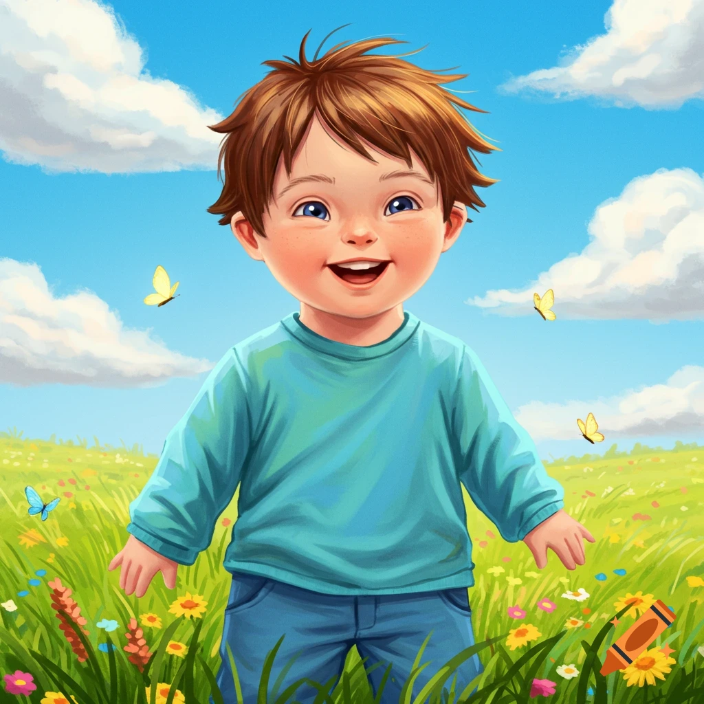 A smiling cartoon boy with brown hair in a blue shirt and jeans stands ...
