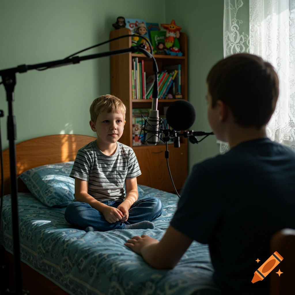 A young boy sits on a bed with a microphone in front of him, being interviewed by another boy in ...