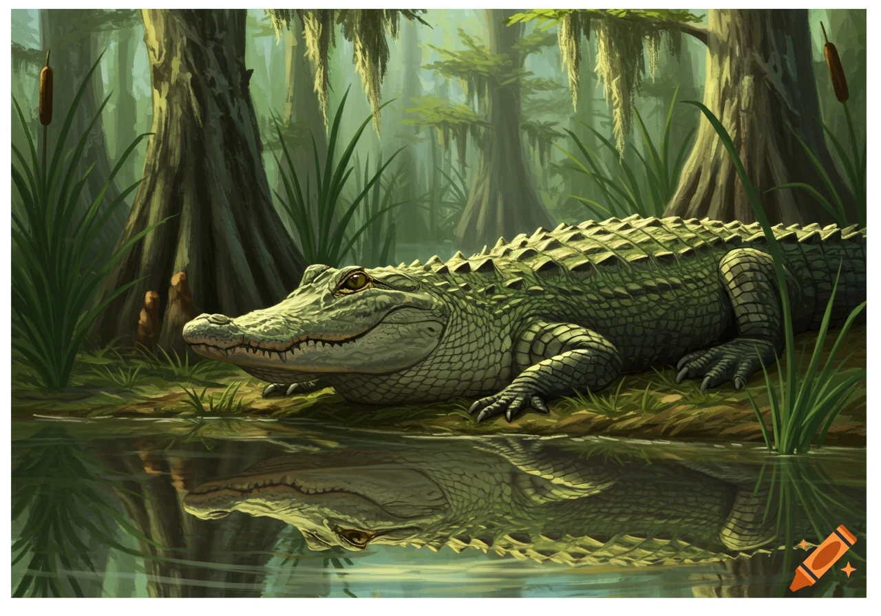 Illustration of a green alligator resting by water in a lush swamp with ...
