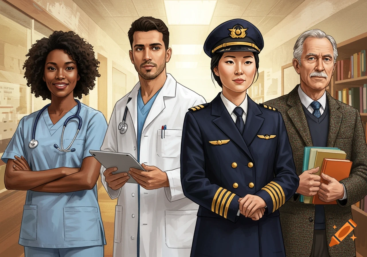 Four diverse professionals: a nurse, a doctor, a pilot, and a professor ...