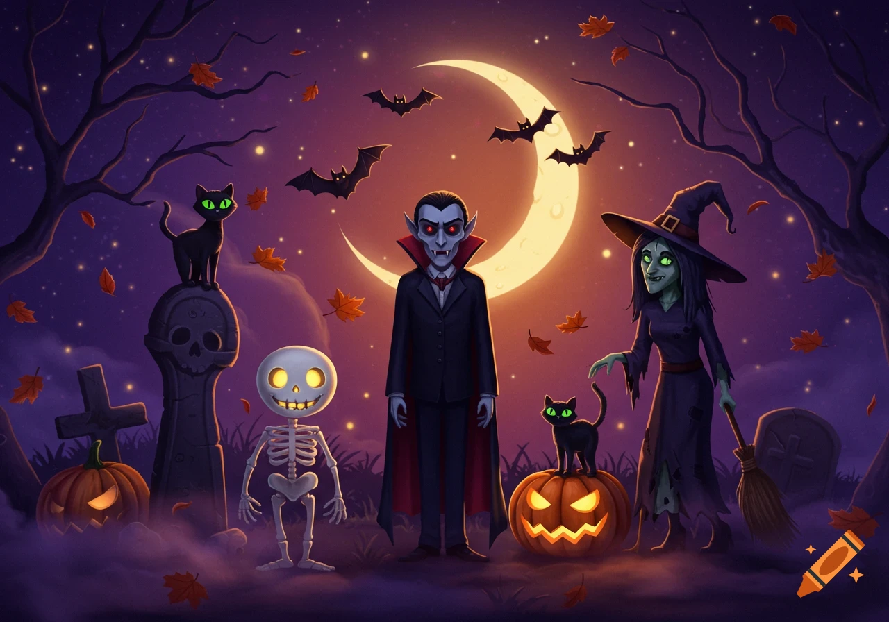 Whimsical cartoon Halloween library scene with a ghost-witch, black cat ...