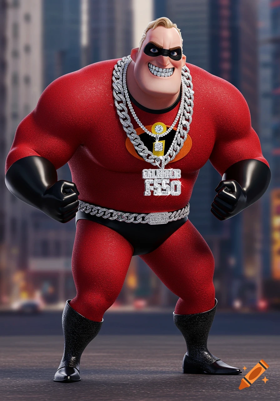 Mr. Incredible in his red superhero costume, covered in large diamond chains, diamond teeth ...