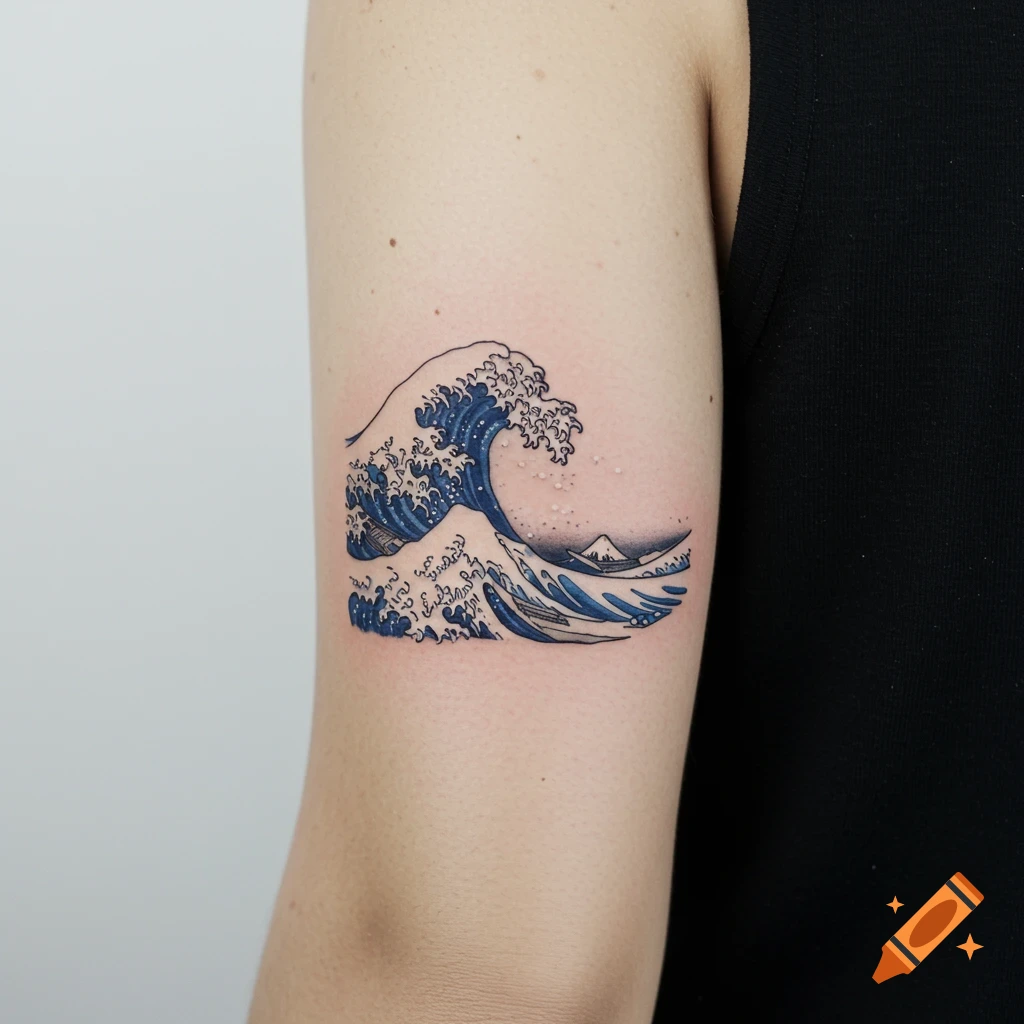A minimalist blue wave tattoo on an arm, with stylized forms subtly ...