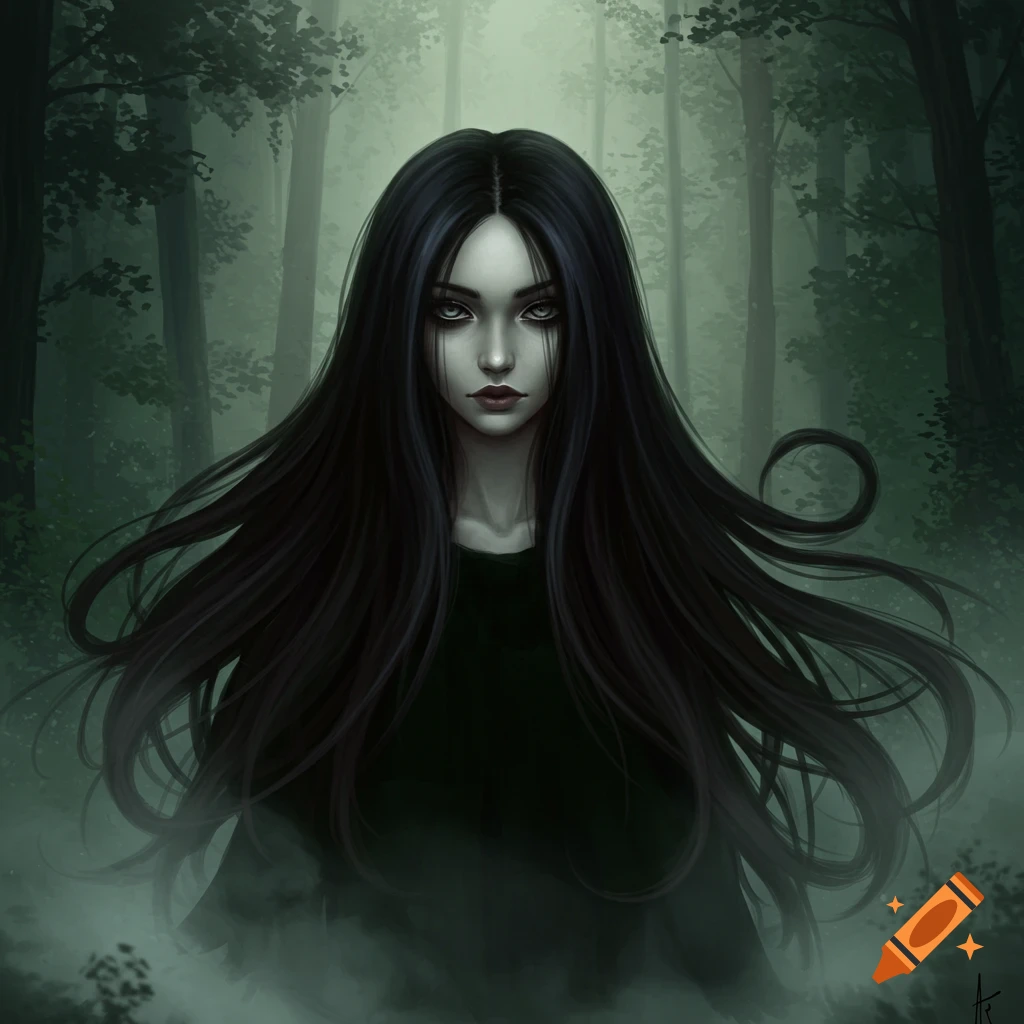 A dark fantasy portrait of a pale woman with long black hair standing ...