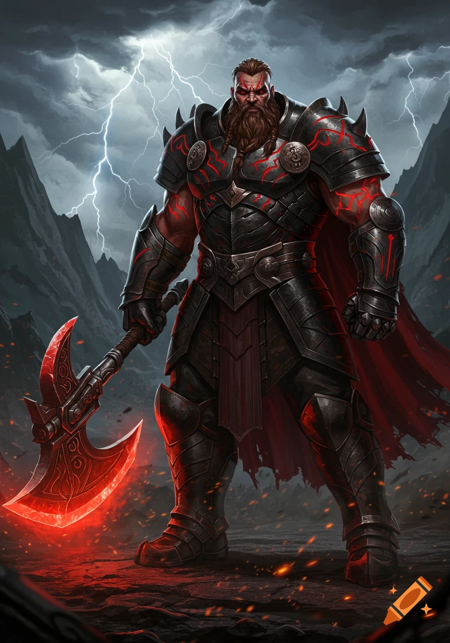 A muscular male warrior with glowing green eyes and ornate armor stands ...