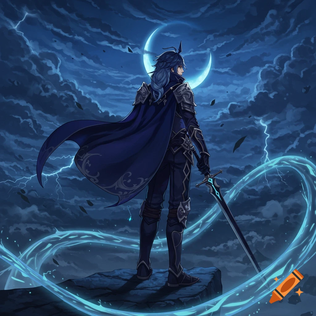 Anime fantasy art of a man in dark armor and cape, holding a glowing ...