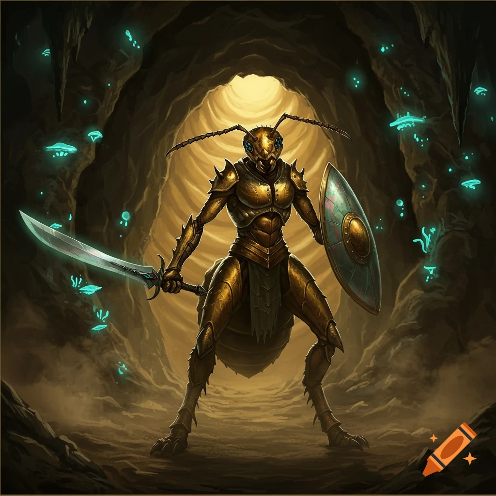 A golden armored ant-like warrior with sword and shield stands guard in ...