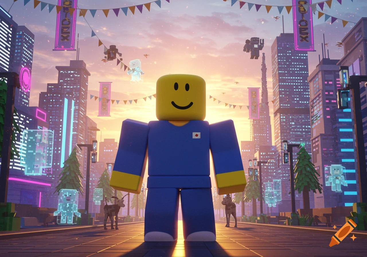 A large Roblox noob character stands in a vibrant, neon-lit city at ...