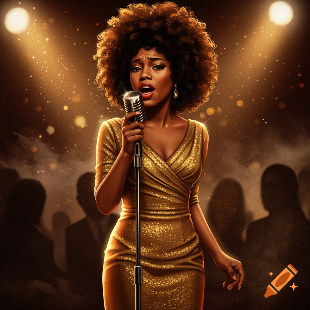 A Black couple in formal wear singing into microphones on a golden ...