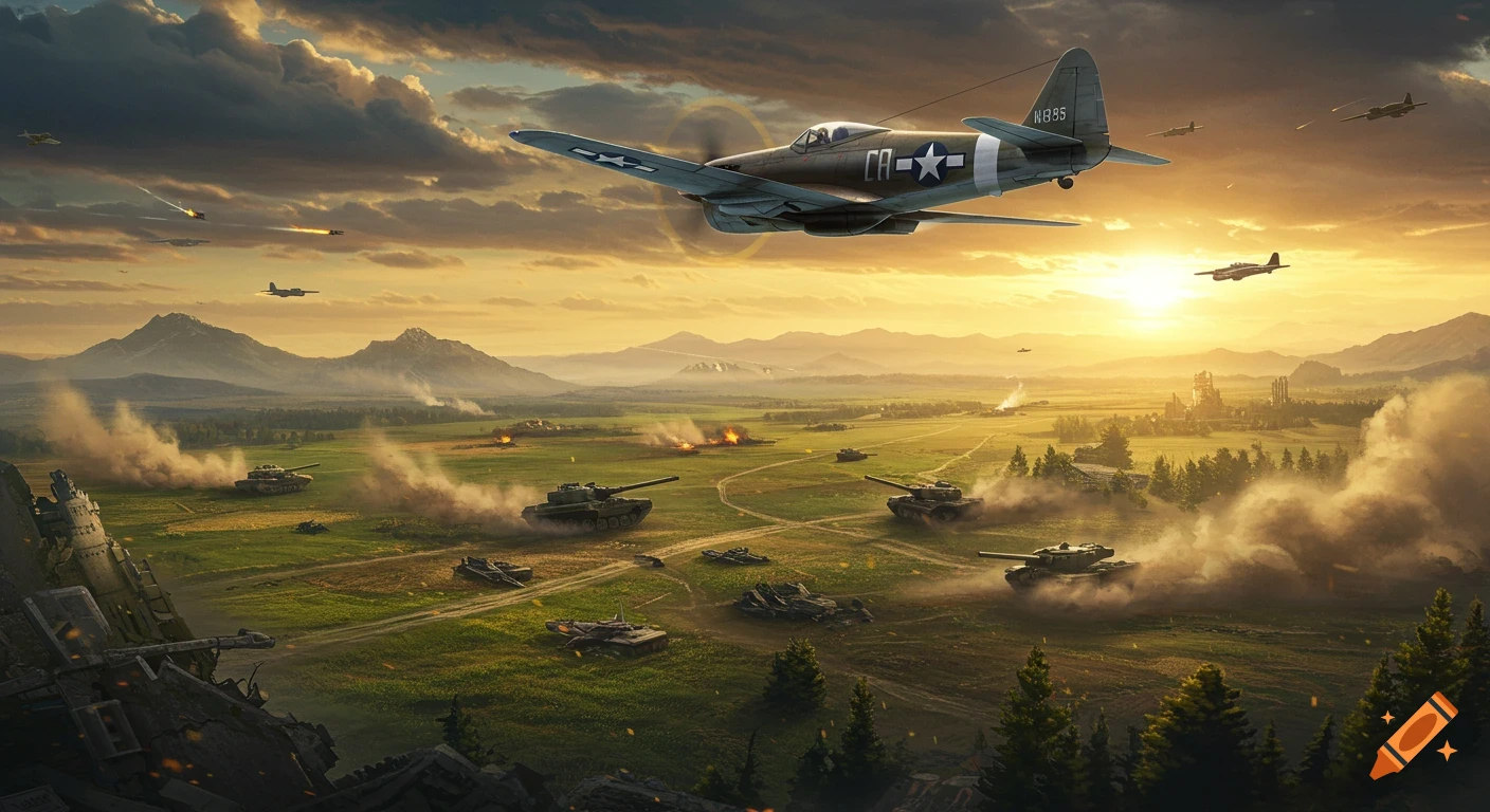 Military planes fly over a battlefield with tanks and explosions in a ...