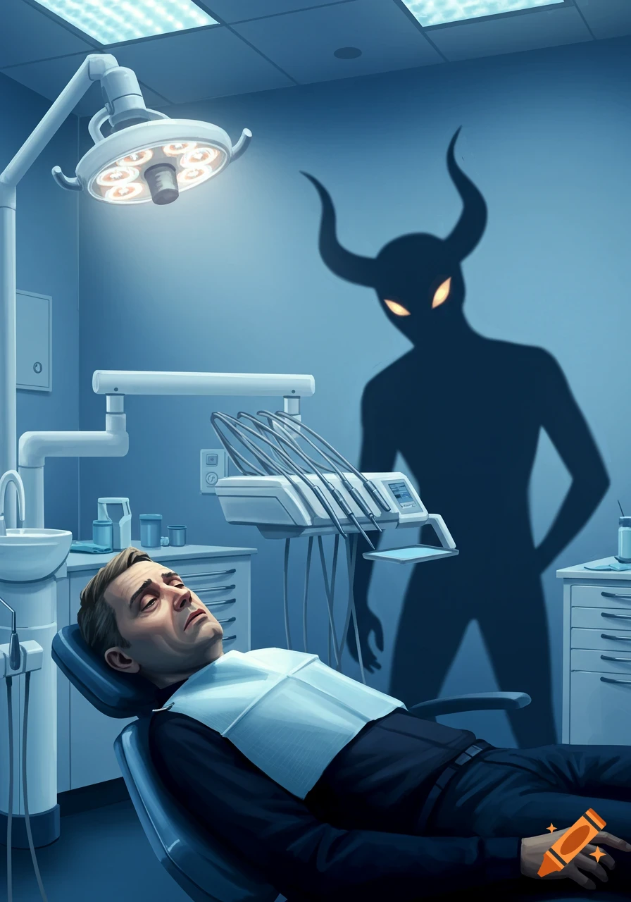 A digital illustration of an anxious man in a dentist chair with a ...