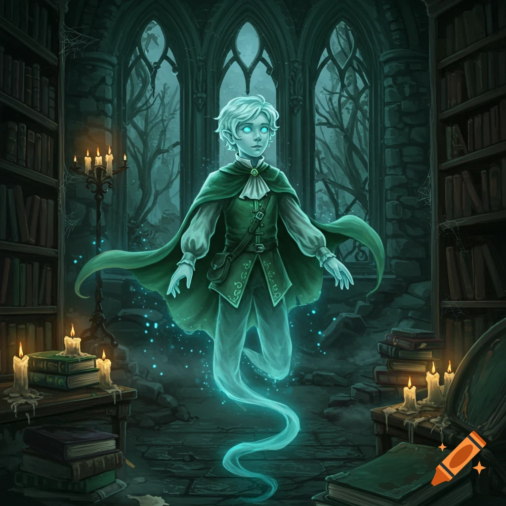 A glowing spectral boy in green attire floats in a dim, gothic library ...