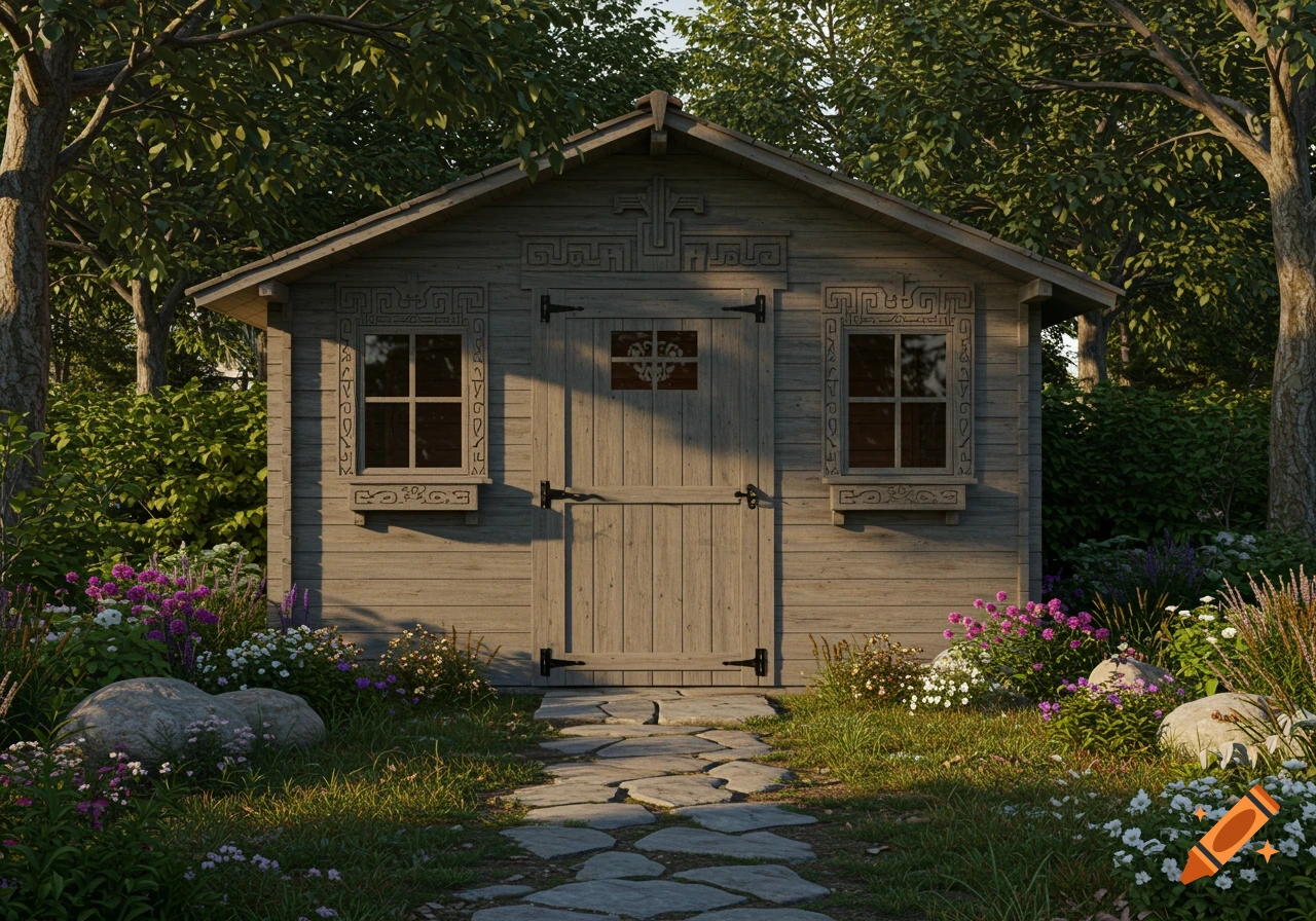 A black and white technical drawing of a small greenhouse with ...