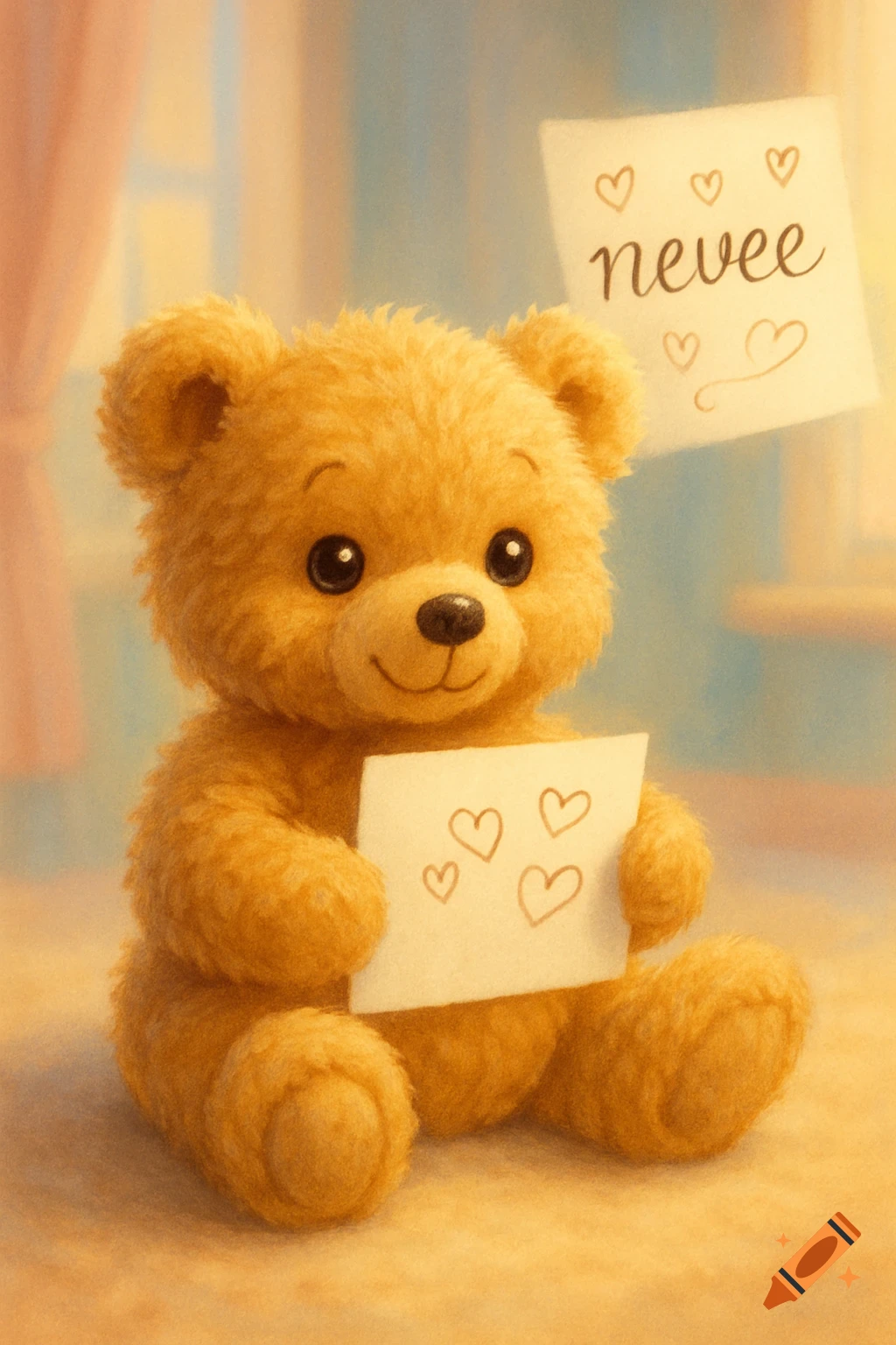 A cute, fluffy brown teddy bear sits on the floor, holding a white note ...